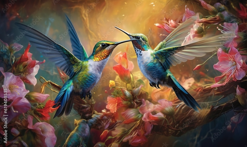 two hummingbirds in flight with their beaks touching each other ...