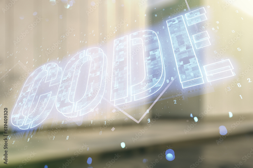 Code word hologram on modern business center exterior background ...