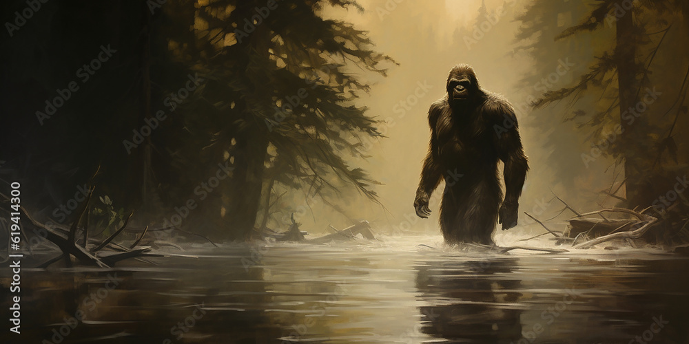 Bigfoot crossing a creek river in a North American forest wilderness ...