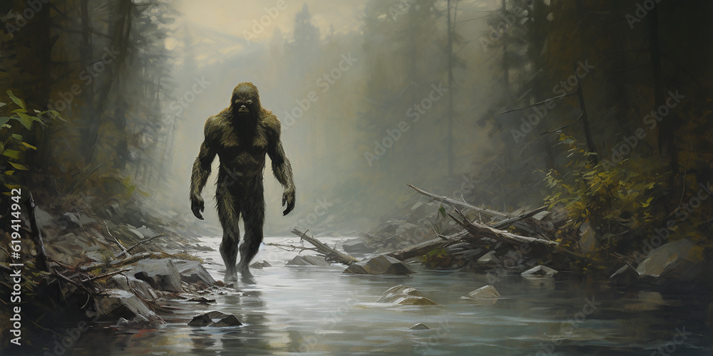 Bigfoot crossing a creek river in a North American forest wilderness ...