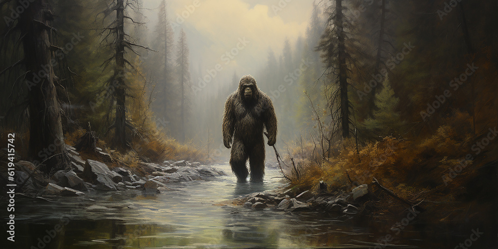 Bigfoot crossing a creek river in a North American forest wilderness ...