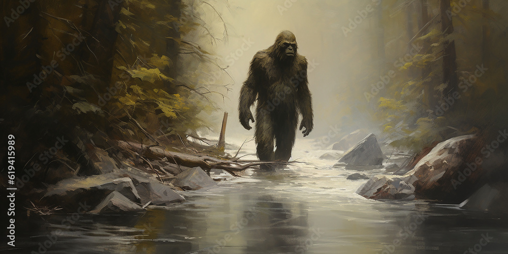 Bigfoot crossing a creek river in a North American forest wilderness ...
