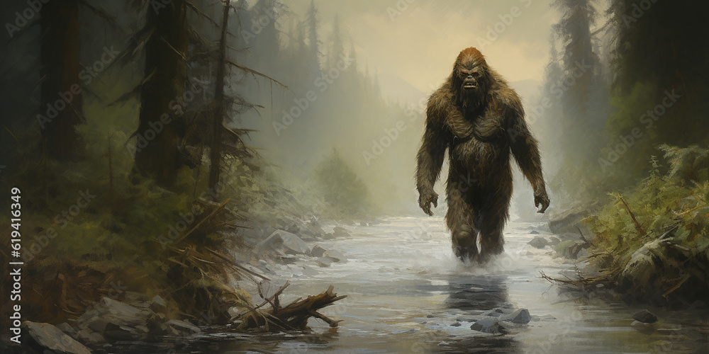 Bigfoot crossing a creek river in a North American forest wilderness ...