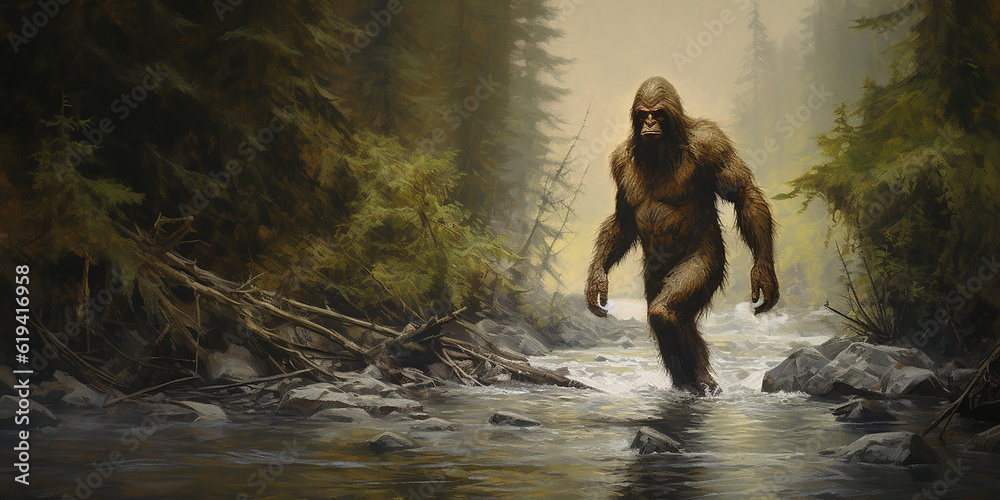 Bigfoot crossing a creek river in a North American forest wilderness ...