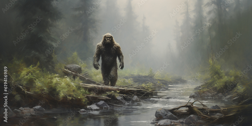 Bigfoot crossing a creek river in a North American forest wilderness ...