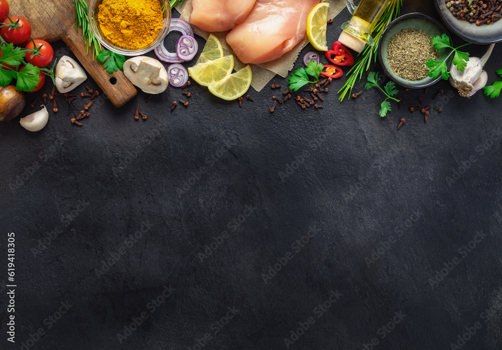 Foto de Food cooking ingredients background with fresh vegetables ...