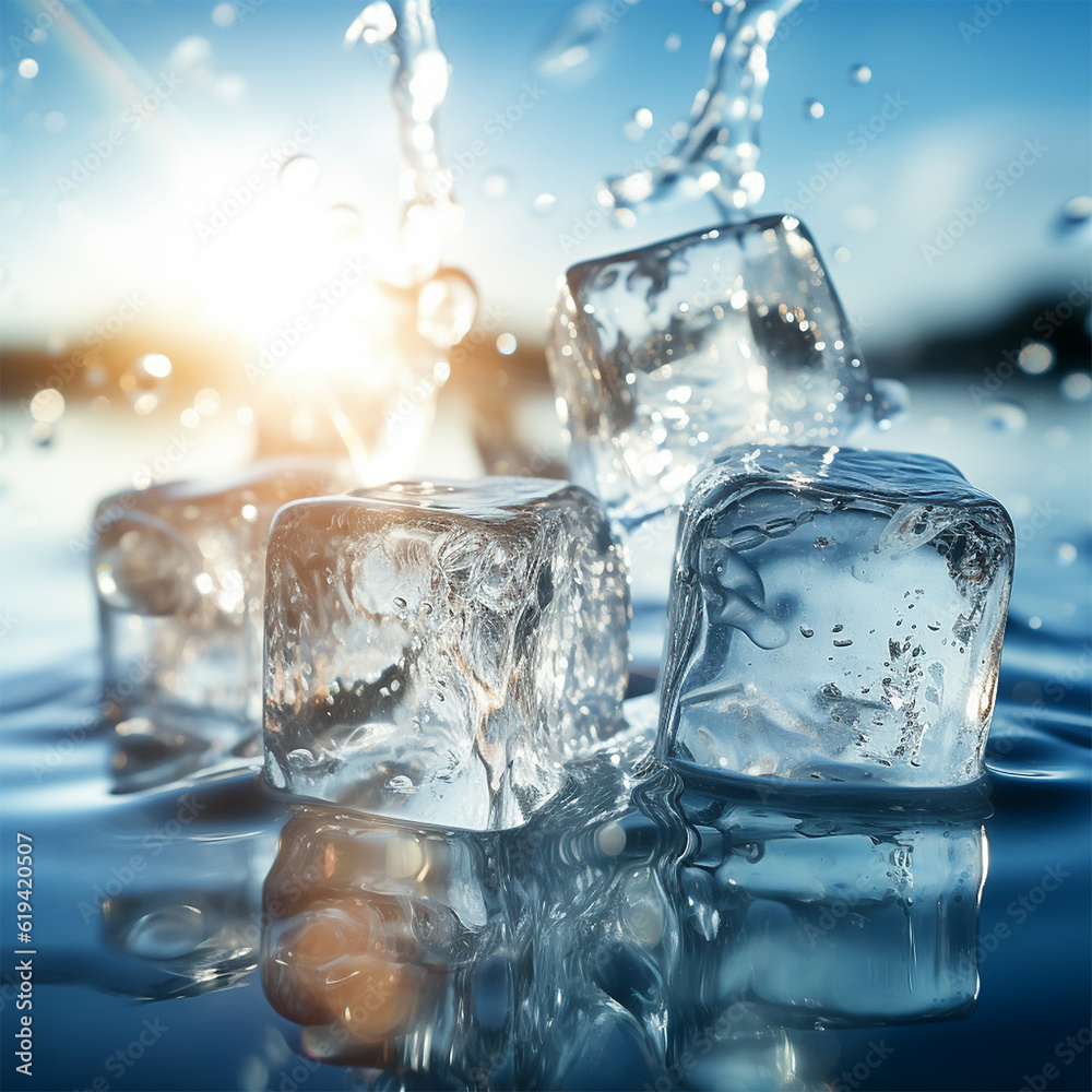 Ice cubes with water splash, water background, macro, detailed close up ...