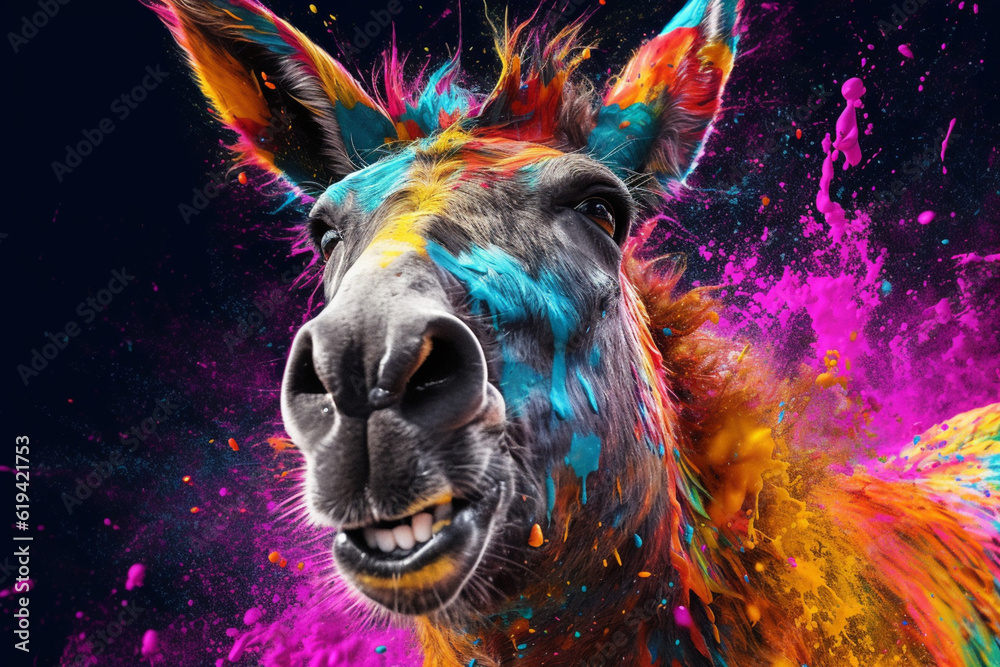An vibrant photograph of a Donkey splashed in bright paint ...