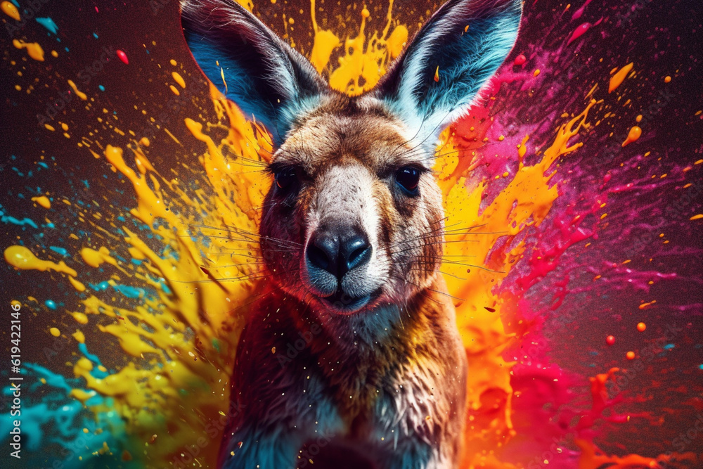 An vibrant photograph of a Kangaroo splashed in bright paint ...
