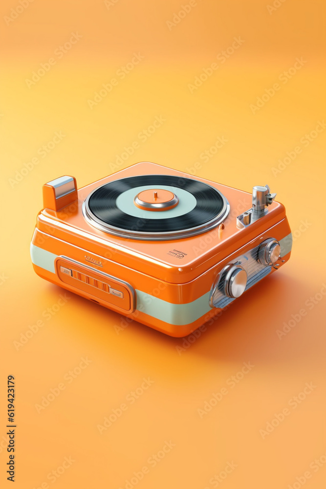A compact record player in a vibrant shade of orange, designed to ...