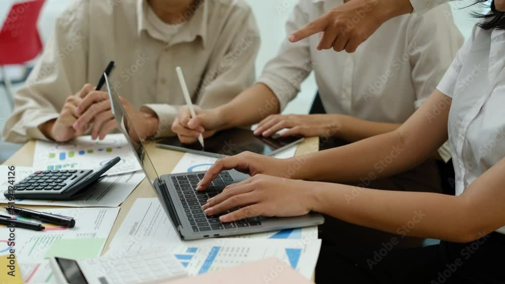 Slow motion shot of business people discussing over new business ...