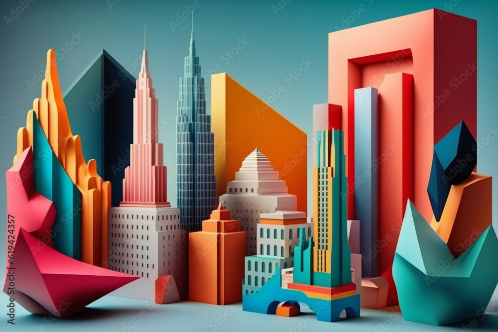 A series of abstract cityscapes featuring iconic buildings and ...