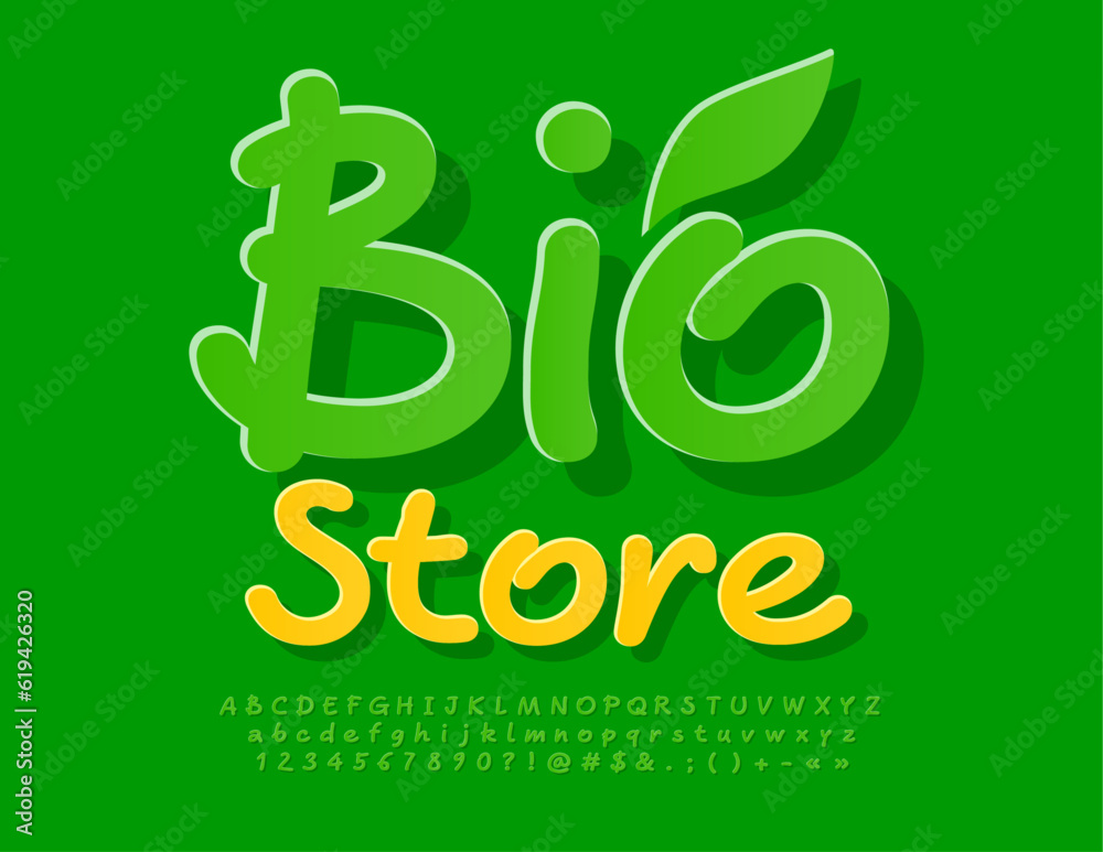 Vector concept logo Bio Store with decorative Leaf. Green handwritten ...