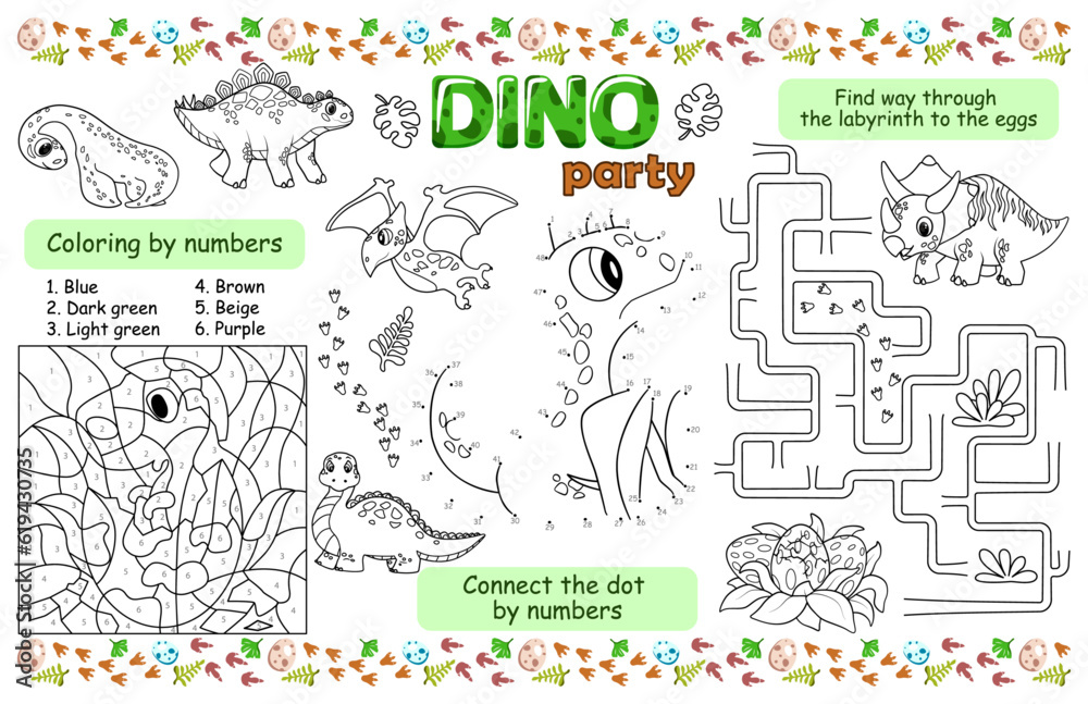 Festive placemat for children. Printable sheet "Dino party" with a ...