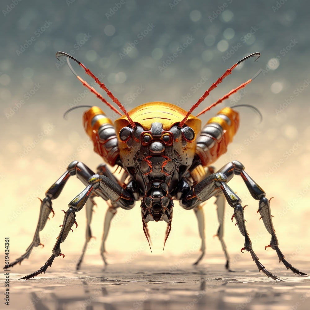 There is large insect or bug on top of table. The insect has red eyes ...