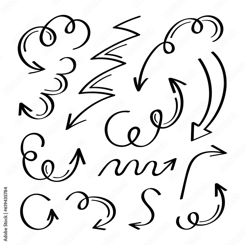 Super set different shape hand drawn arrows. Doodle style curved and ...