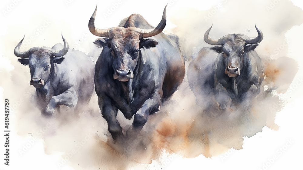 watercolor drawing of a group of bulls running on a white background ...
