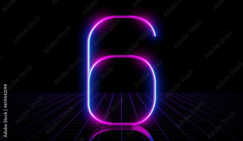 6 - ultraviolet neon number on black background - 3D illustration Stock ...