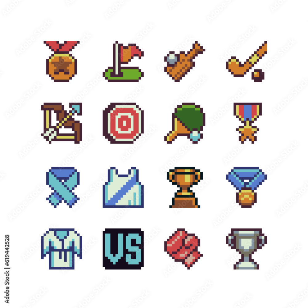 Sport icons set pixel art style, emoji. Achievement logo. 1-bit sprite ...