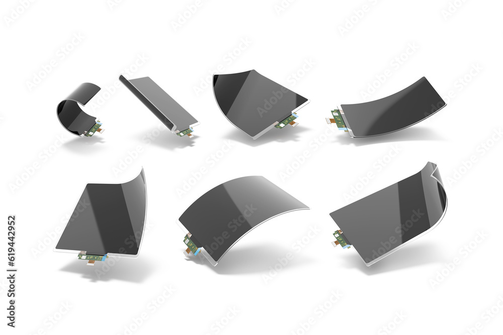 Blank black flexible curved display mockup, different types, no gravity ...
