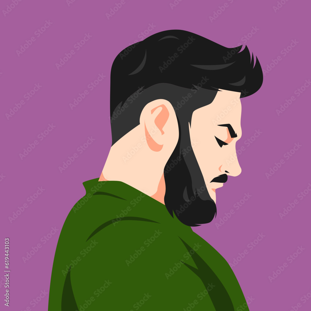 portrait of a man with undercut hairstyle and beard looking down. side ...