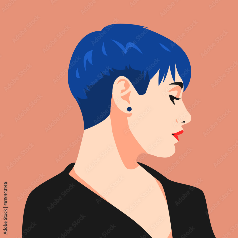 portrait of beautiful woman with blue short hairstyle, pixie cut. side ...