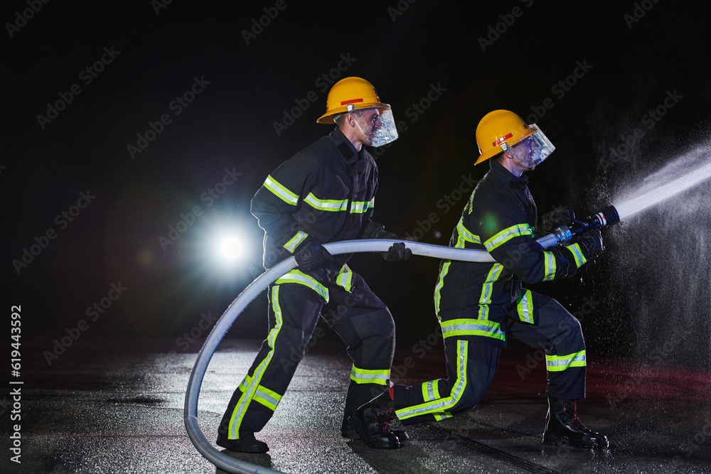 Firefighters using a water hose to eliminate a fire hazard. Team of ...