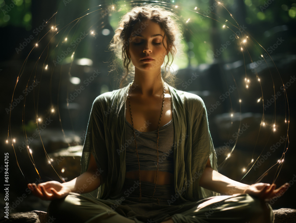 Awakening through mystical meditation. A woman in lotus pose in the ...