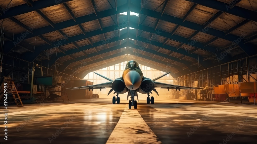military fighter jet aircraft parked in military hangar at the base ...