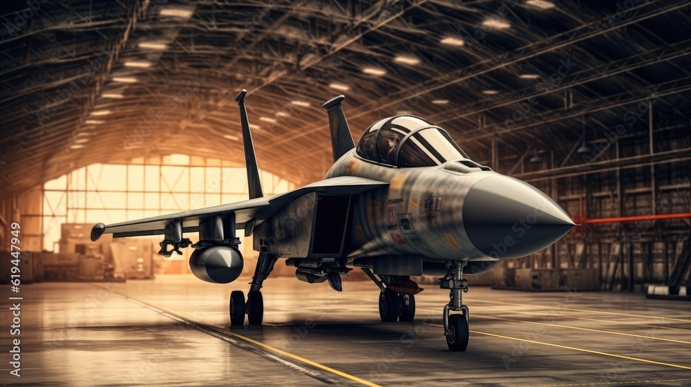 military fighter jet aircraft parked in military hangar at the base ...