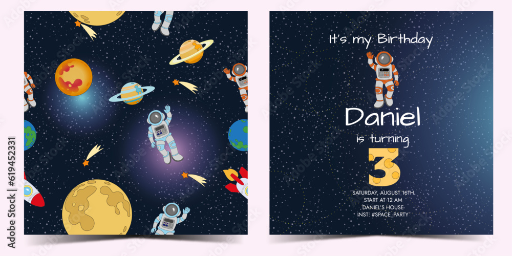 2 in 1. Birthday card invitation for 3 years. And the seamless pattern ...