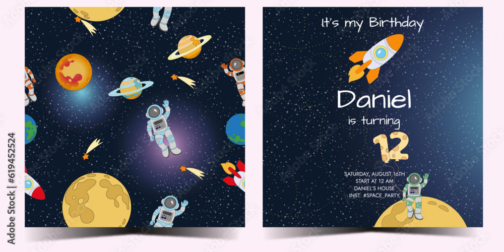 2 in 1. Birthday card invitation for 12 years. And the seamless pattern ...