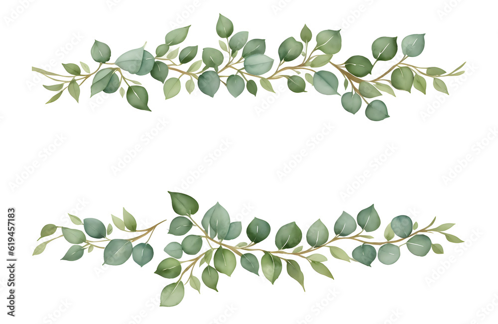 Watercolor of green floral banner with eucalyptus leaves on transparent ...