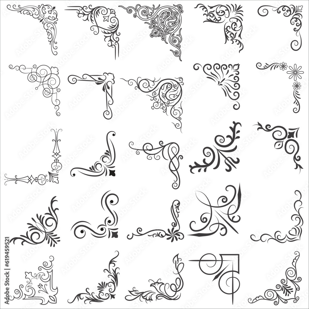 Vector illustration of decorative corner frame set. Set Hand Draw of ...