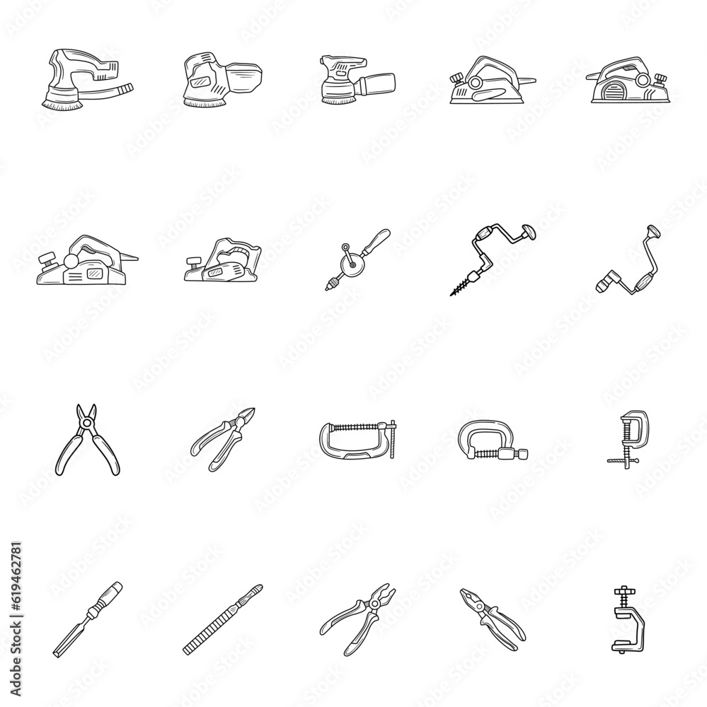 Hand drawn set of construction tools doodle Different working and ...