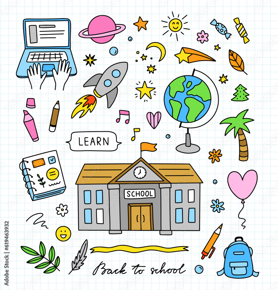 Funny school illustrations. Cute school clipart. Back to school hand ...