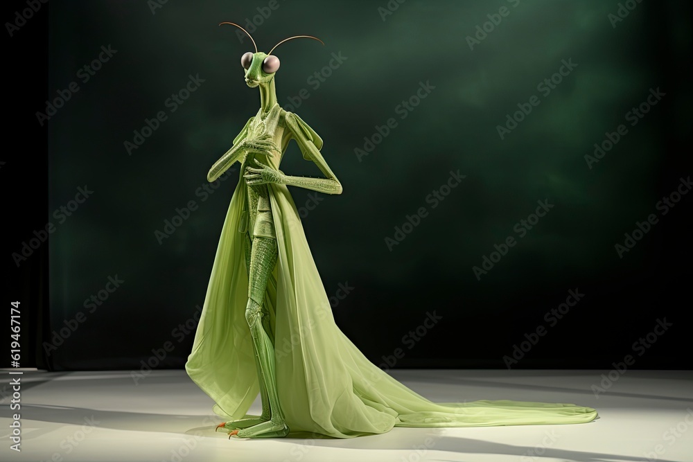 Illustration of a praying mantis or mantis wearing a dress like a model ...
