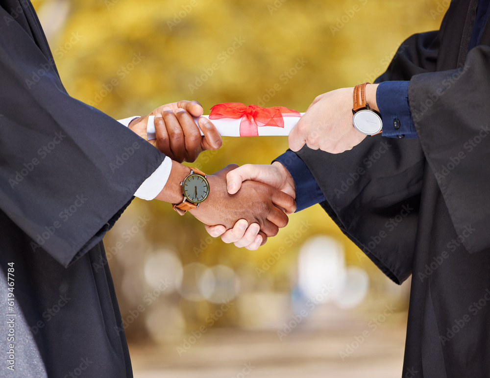 Graduation diploma, handshake and student in success, achievement and ...