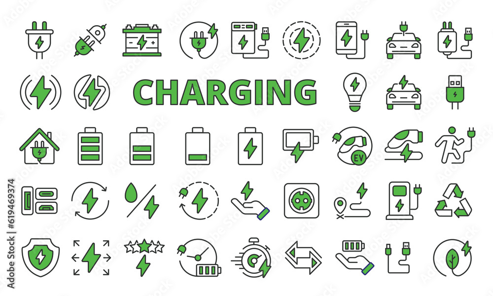 Charging icons set in line design green. Business,Teamwork ...