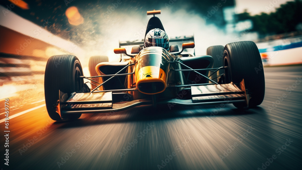 Race car racing. Fast moving generic race car racing down the track ...