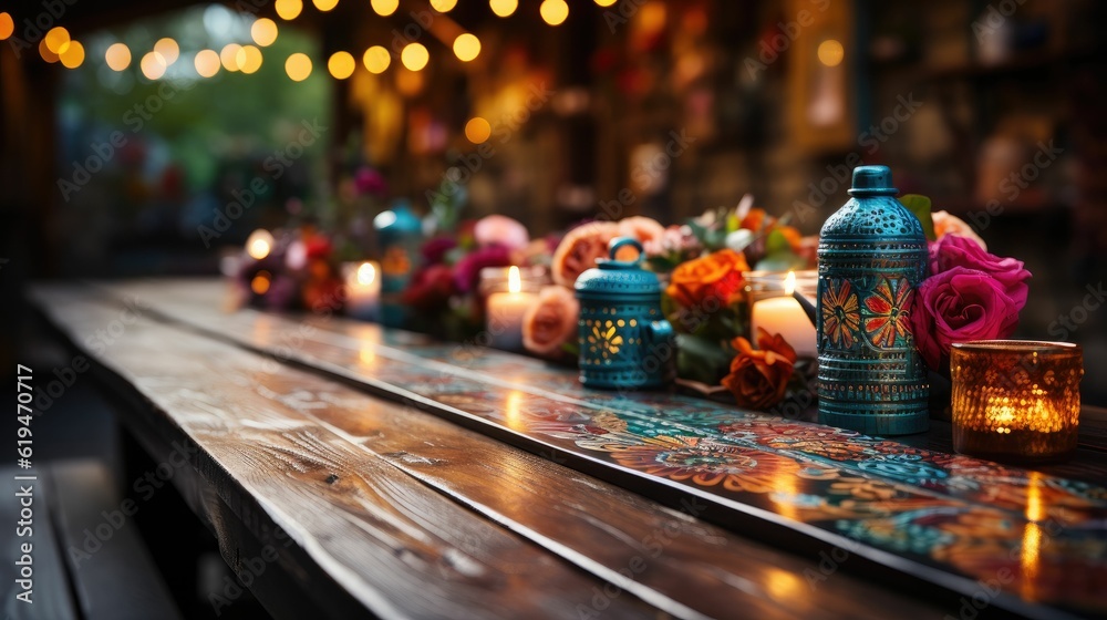 empty wooden table, blurred day of the dead skull background Stock ...