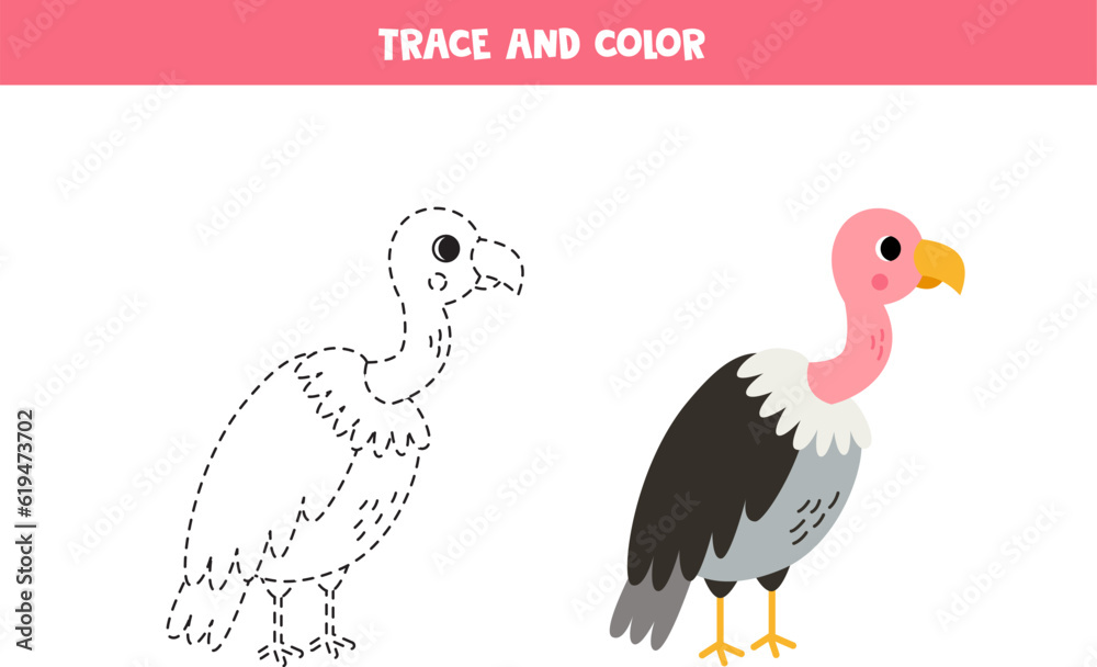 Trace and color cartoon vulture. Worksheet for children. Stock Vector ...