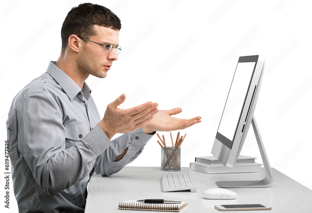 Young Caucasian man worker speak in glasses look at computer ...