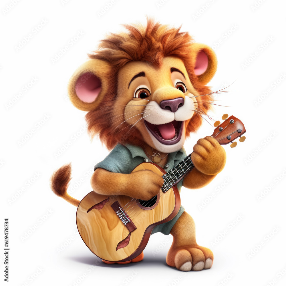 Cartoon lion playing guitar and singing on white background - 3D ...