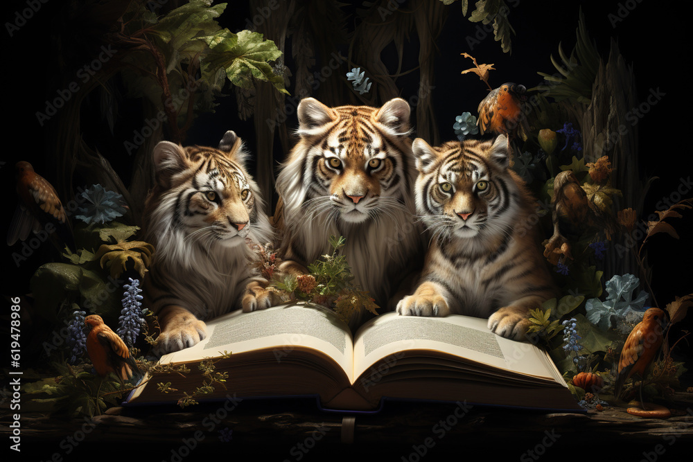 Open book with magic nature world with wild animals lions, animal ...
