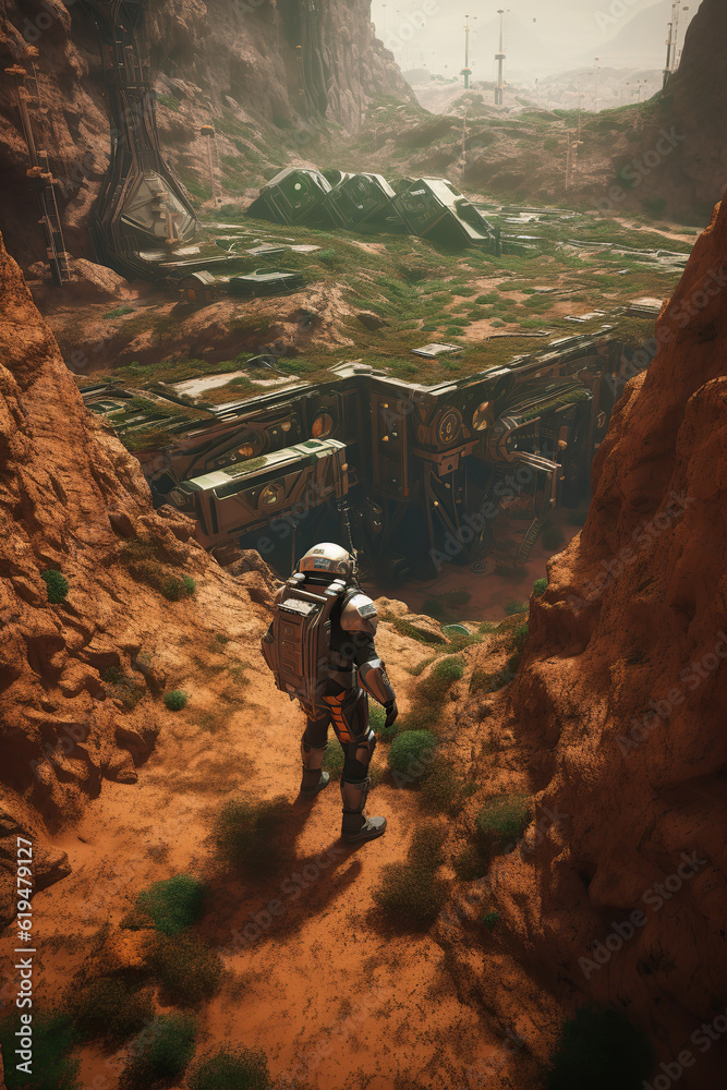 Astronaut growing plant in greenhouse on Mars, futuristic fantasy image ...