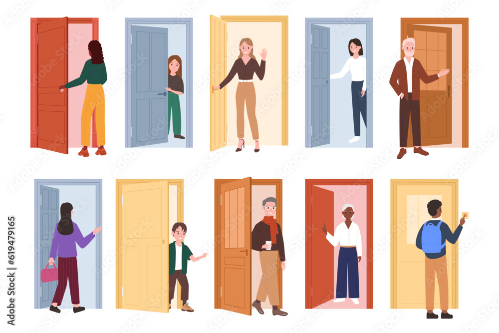 People opening doors set vector illustration. Cartoon isolated young ...