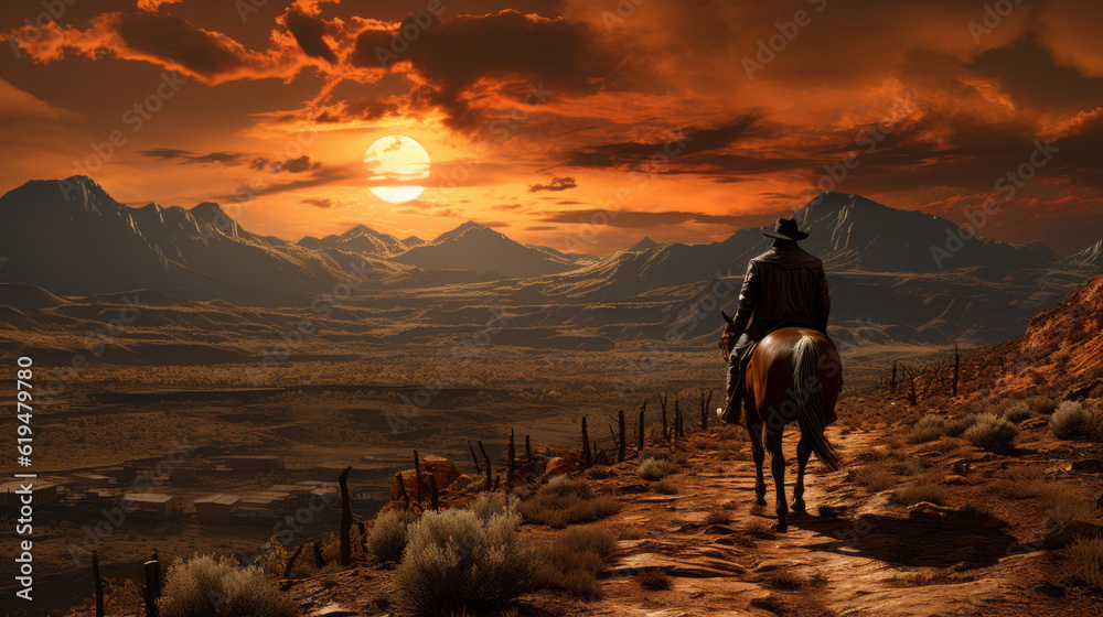 Western landscape with silhouette of a lonely cowboy riding a horse in ...