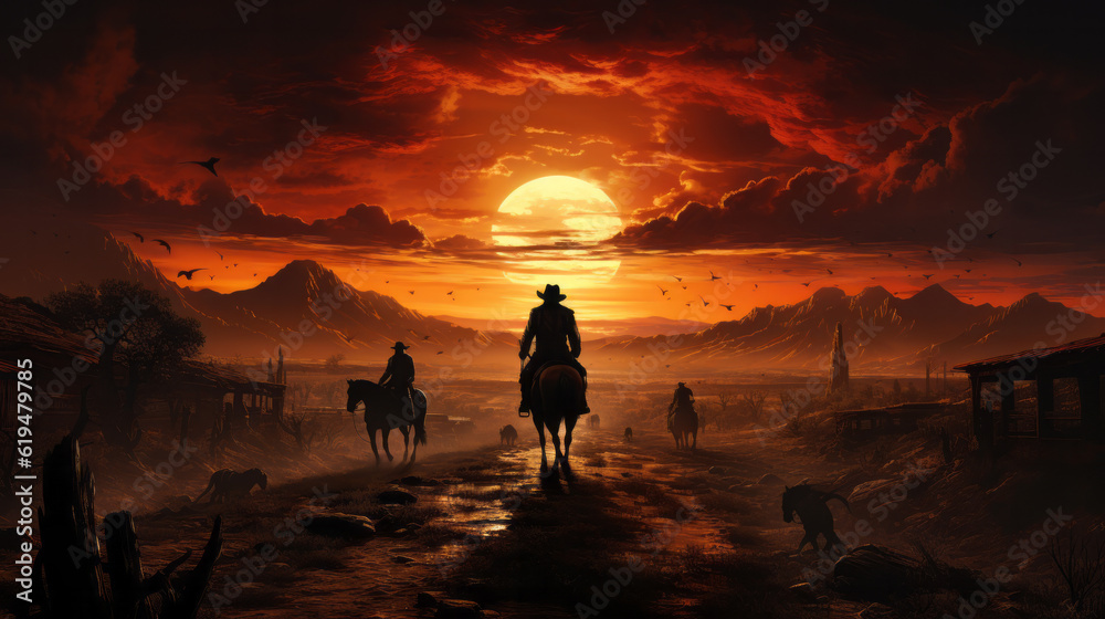 Western landscape with silhouette of a lonely cowboy riding a horse in ...