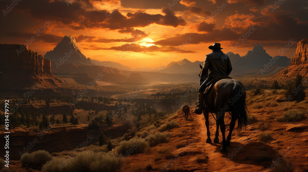 Western landscape with silhouette of a lonely cowboy riding a horse in ...